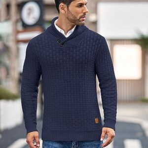 COOFANDY Men's Shawl Collar Sweaters V-Neck Relaxed Fit Basket Knitted Pullovers Navy Blue