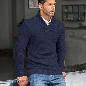 COOFANDY Men's Shawl Collar Sweaters V-Neck Relaxed Fit Basket Knitted Pullovers Navy Blue