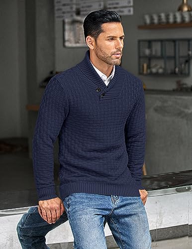 COOFANDY Men's Shawl Collar Sweaters V-Neck Relaxed Fit Basket Knitted Pullovers Navy Blue