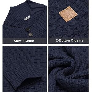 COOFANDY Men's Shawl Collar Sweaters V-Neck Relaxed Fit Basket Knitted Pullovers Navy Blue