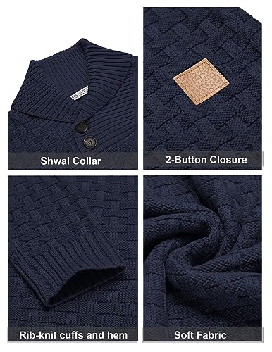 COOFANDY Men's Shawl Collar Sweaters V-Neck Relaxed Fit Basket Knitted Pullovers Navy Blue