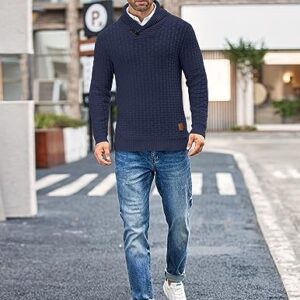 COOFANDY Men's Shawl Collar Sweaters V-Neck Relaxed Fit Basket Knitted Pullovers Navy Blue