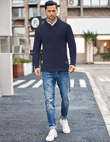 COOFANDY Men's Shawl Collar Sweaters V-Neck Relaxed Fit Basket Knitted Pullovers Navy Blue