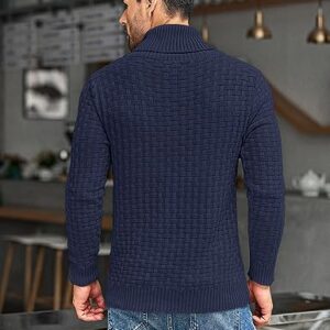 COOFANDY Men's Shawl Collar Sweaters V-Neck Relaxed Fit Basket Knitted Pullovers Navy Blue