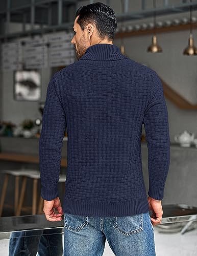 COOFANDY Men's Shawl Collar Sweaters V-Neck Relaxed Fit Basket Knitted Pullovers Navy Blue