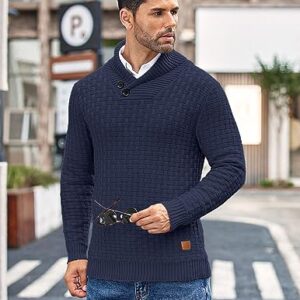 COOFANDY Men's Shawl Collar Sweaters V-Neck Relaxed Fit Basket Knitted Pullovers Navy Blue