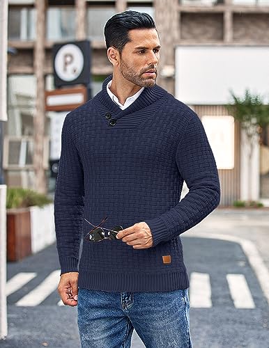 COOFANDY Men's Shawl Collar Sweaters V-Neck Relaxed Fit Basket Knitted Pullovers Navy Blue