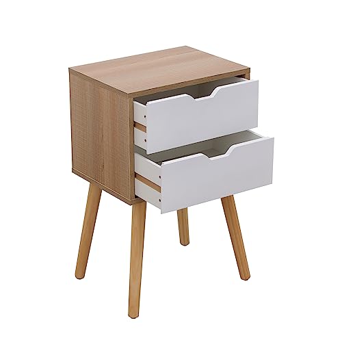 vipace Set of 2 Nightstand,Mid-Century End Side Table with 2 Drawer and Solid Wood Legs, Bedside Table for Bedrooms, Modern Storage Cabinet for Living Room Furniture (Natural)