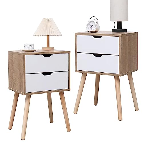 vipace Set of 2 Nightstand,Mid-Century End Side Table with 2 Drawer and Solid Wood Legs, Bedside Table for Bedrooms, Modern Storage Cabinet for Living Room Furniture (Natural)