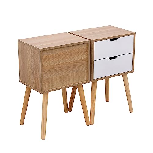 vipace Set of 2 Nightstand,Mid-Century End Side Table with 2 Drawer and Solid Wood Legs, Bedside Table for Bedrooms, Modern Storage Cabinet for Living Room Furniture (Natural)