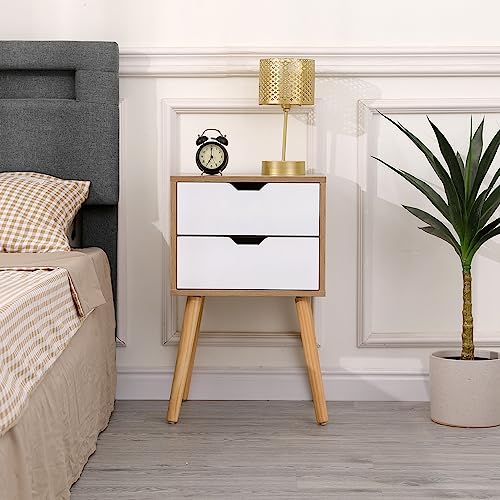 vipace Set of 2 Nightstand,Mid-Century End Side Table with 2 Drawer and Solid Wood Legs, Bedside Table for Bedrooms, Modern Storage Cabinet for Living Room Furniture (Natural)