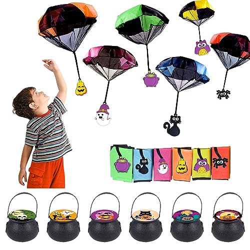 Prefilled Halloween Cauldron Party Favors, 6 Pcs Parachute Toys for Kids Halloween Party Games Prizes Goodie Bag Fillers Pinata Stuffers Halloween Toys for Treat Bags Trick or Treat Classroom Gifts