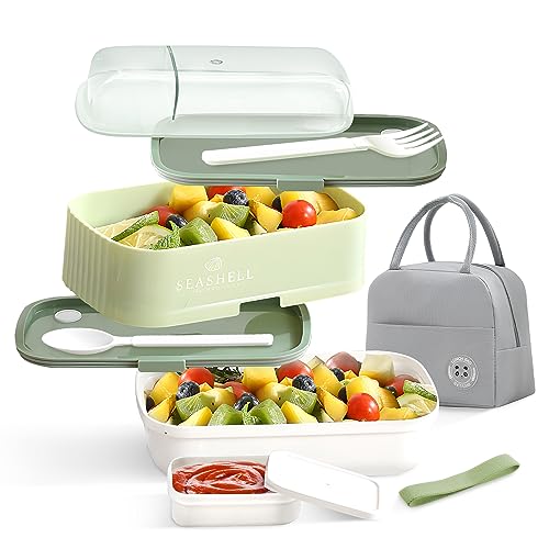 Double-Layer Bento Lunch Box For Adults with Bag | (40oz) Capacity Japanese Lunch Box | Spoon and Fork Set | Sauce Container with Lid | Leak-Proof | Microwave/Dishwasher Safe | Green