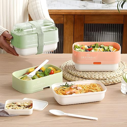 Double-Layer Bento Lunch Box For Adults with Bag | (40oz) Capacity Japanese Lunch Box | Spoon and Fork Set | Sauce Container with Lid | Leak-Proof | Microwave/Dishwasher Safe | Green