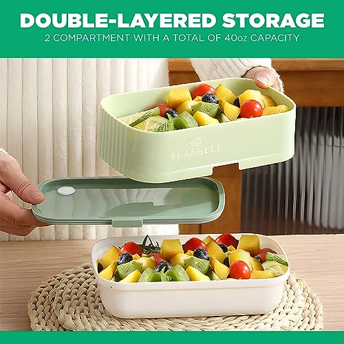 Double-Layer Bento Lunch Box For Adults with Bag | (40oz) Capacity Japanese Lunch Box | Spoon and Fork Set | Sauce Container with Lid | Leak-Proof | Microwave/Dishwasher Safe | Green