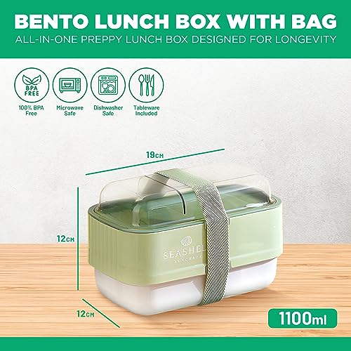 Double-Layer Bento Lunch Box For Adults with Bag | (40oz) Capacity Japanese Lunch Box | Spoon and Fork Set | Sauce Container with Lid | Leak-Proof | Microwave/Dishwasher Safe | Green