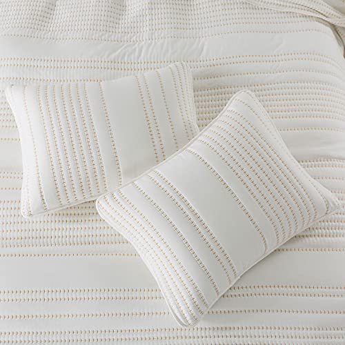 HIARUO California King Quilt Bedding Set, Striped Coverlet Bedspread (118x106 inch) with 2 Pillow Shams (20x36 inch) for All Season, White/Gold