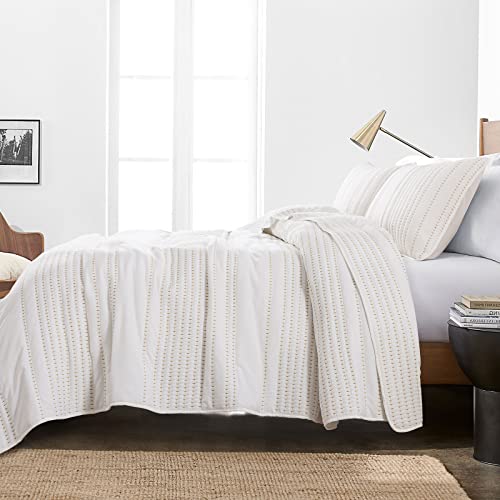 HIARUO California King Quilt Bedding Set, Striped Coverlet Bedspread (118x106 inch) with 2 Pillow Shams (20x36 inch) for All Season, White/Gold