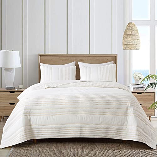 HIARUO California King Quilt Bedding Set, Striped Coverlet Bedspread (118x106 inch) with 2 Pillow Shams (20x36 inch) for All Season, White/Gold