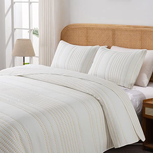 HIARUO California King Quilt Bedding Set, Striped Coverlet Bedspread (118x106 inch) with 2 Pillow Shams (20x36 inch) for All Season, White/Gold