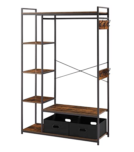 AVGVLIJ Heavy Duty Garment Rack 43.7’’w x 15.75’’d x 70.08’’h, Free-Standing Closet System with Open Shelves and Hanging Rod (Rustic Brown + Particle Board)