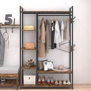 AVGVLIJ Heavy Duty Garment Rack 43.7’’w x 15.75’’d x 70.08’’h, Free-Standing Closet System with Open Shelves and Hanging Rod (Rustic Brown + Particle Board)