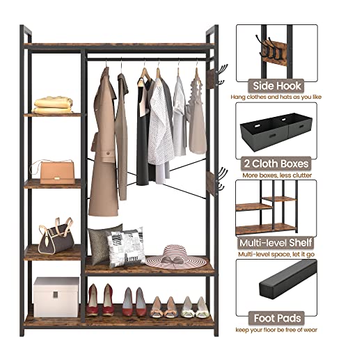 AVGVLIJ Heavy Duty Garment Rack 43.7’’w x 15.75’’d x 70.08’’h, Free-Standing Closet System with Open Shelves and Hanging Rod (Rustic Brown + Particle Board)