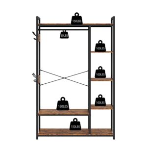 AVGVLIJ Heavy Duty Garment Rack 43.7’’w x 15.75’’d x 70.08’’h, Free-Standing Closet System with Open Shelves and Hanging Rod (Rustic Brown + Particle Board)