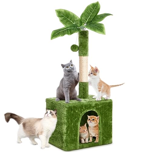 TSCOMON 41" Cat House Cat Tree for Indoor Kitten Small Cats with Green Leaves, Cozy Plush Indoor Plant Design Cat House Cute Cat Condo Cat Scratching Posts with Hang Ball, Green Pet Home Cat Furniture