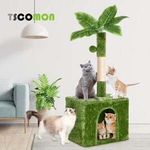 TSCOMON 41" Cat House Cat Tree for Indoor Kitten Small Cats with Green Leaves, Cozy Plush Indoor Plant Design Cat House Cute Cat Condo Cat Scratching Posts with Hang Ball, Green Pet Home Cat Furniture