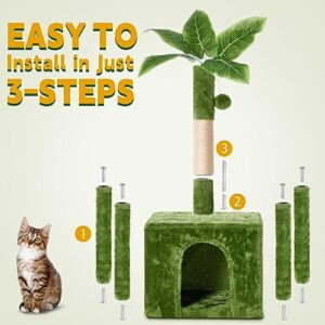 TSCOMON 41" Cat House Cat Tree for Indoor Kitten Small Cats with Green Leaves, Cozy Plush Indoor Plant Design Cat House Cute Cat Condo Cat Scratching Posts with Hang Ball, Green Pet Home Cat Furniture