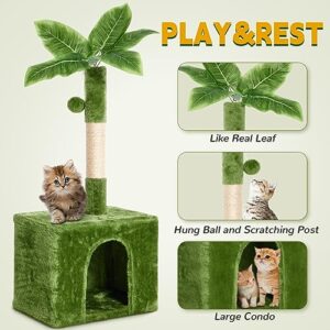 TSCOMON 41" Cat House Cat Tree for Indoor Kitten Small Cats with Green Leaves, Cozy Plush Indoor Plant Design Cat House Cute Cat Condo Cat Scratching Posts with Hang Ball, Green Pet Home Cat Furniture