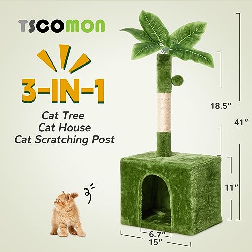 TSCOMON 41" Cat House Cat Tree for Indoor Kitten Small Cats with Green Leaves, Cozy Plush Indoor Plant Design Cat House Cute Cat Condo Cat Scratching Posts with Hang Ball, Green Pet Home Cat Furniture