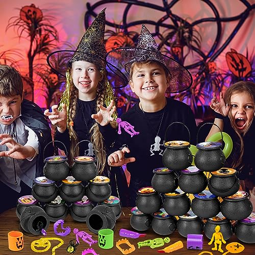 144Pcs Halloween Party Favors for Kids, 18 Prefilled Mini Plastic Witch Cauldron Halloween Goodie Bag Pinata Fillers Halloween Treats Non Candy Bulk Classroom Prizes Trick or Treat Toys Party Gifts