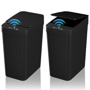 bathroom trash can with lid, koeyle 2 pack 2.2 gallon automatic touchless garbage can, small motion sensor smart trash can, slim waterproof trash bin for bedroom, bathroom, office, living room (black)