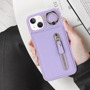 DEYHU iPhone 13 Mini Case with Card Holder for Women, iPhone 13 Mini Phone Case Wallet with Credit Card with Ring Kickstand Zipper Shockproof Slim Stand Case for iPhone13mini - Purple