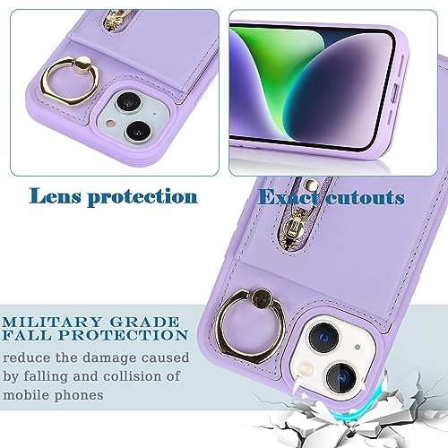 DEYHU iPhone 13 Mini Case with Card Holder for Women, iPhone 13 Mini Phone Case Wallet with Credit Card with Ring Kickstand Zipper Shockproof Slim Stand Case for iPhone13mini - Purple