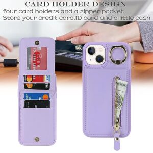 DEYHU iPhone 13 Mini Case with Card Holder for Women, iPhone 13 Mini Phone Case Wallet with Credit Card with Ring Kickstand Zipper Shockproof Slim Stand Case for iPhone13mini - Purple