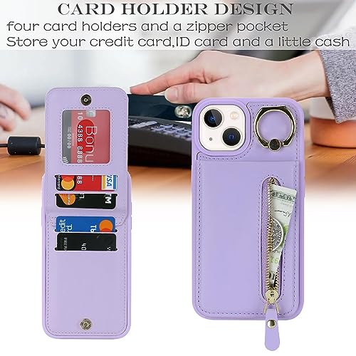 DEYHU iPhone 13 Mini Case with Card Holder for Women, iPhone 13 Mini Phone Case Wallet with Credit Card with Ring Kickstand Zipper Shockproof Slim Stand Case for iPhone13mini - Purple