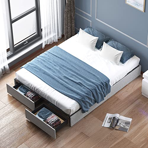 ijuicy Cal King Size Bed Frame with Storage Drawers, Wood Slat Support Bed Frame, Linen Fabric Upholstered Platform Bed, Bed Frame with Large Storage Space,Easy Assembly-Light Grey