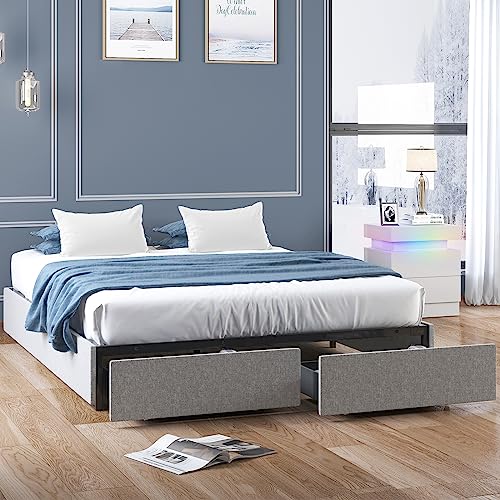 ijuicy Cal King Size Bed Frame with Storage Drawers, Wood Slat Support Bed Frame, Linen Fabric Upholstered Platform Bed, Bed Frame with Large Storage Space,Easy Assembly-Light Grey