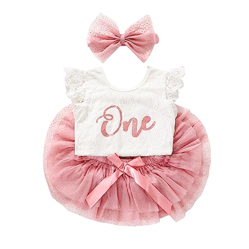 Highnesson-ww Baby Girls 1st First Birthday Outfits Flying Sleeve lace Romper TuTu Skirt Set with Sequins Bowknot Headband 3Pcs