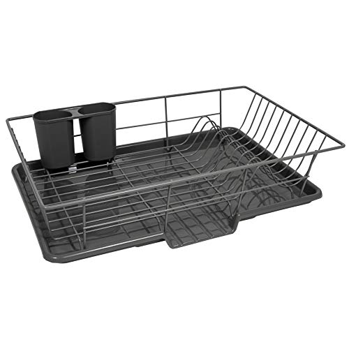 Sweet Home Collection Space-Saving 3-Piece Dish Drainer Rack Set: Efficient Kitchen Organizer for Quick Drying and Storage - Includes Cutlery Holder and Drainboard - Maximize Countertop Space, Gray