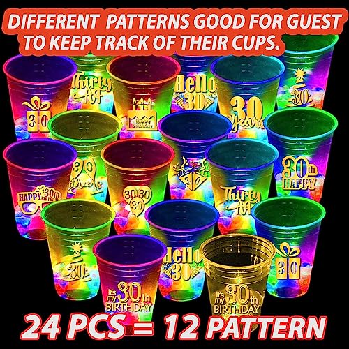 mishunyus 24 Pcs Glow 30th Birthday Decorations for Women/Men Birthday Party Supply, 30th Birthday Party Cups,