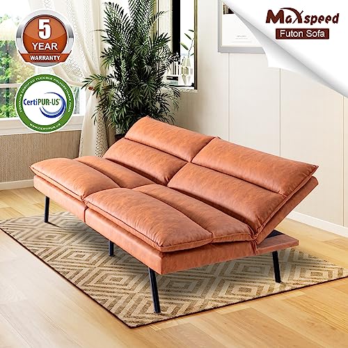 Maxspeed Futon Sofa Bed Memory Foam Sofa Couch Convertible Modern Loveseat Sleeper Sofa with Adjustable Backrest and Metal Legs,Multifunctional Futon Sofa Bed for Apartment, Office,Small Spaces,Brown