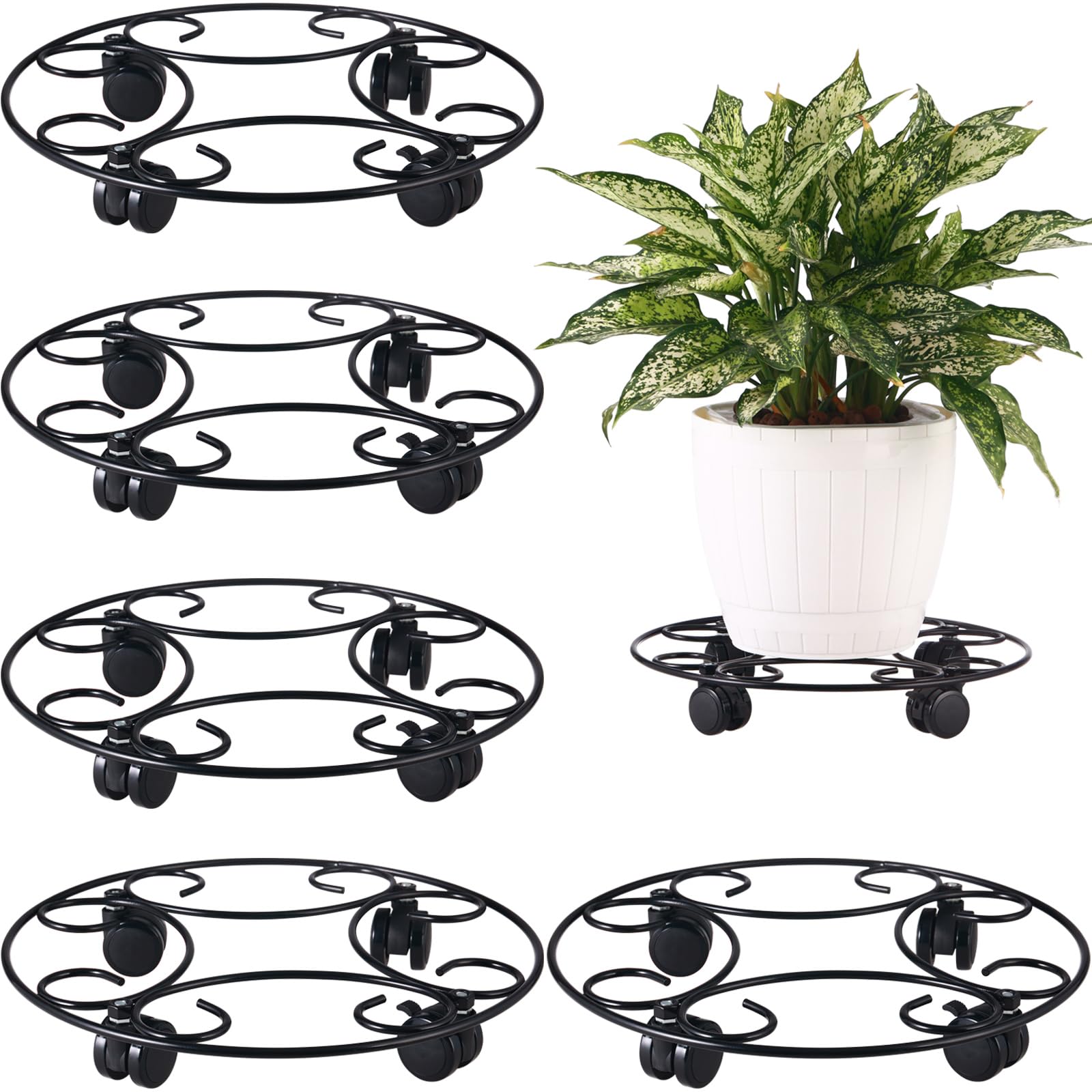 5 Packs Metal Plant Caddy with Wheels 12.8” Rolling Plant Stands Heavy-duty Wrought Iron Plant Roller Base Pot Movers Plant Saucer on Wheels Indoor Outdoor Plant Dolly with Casters Planter Tray