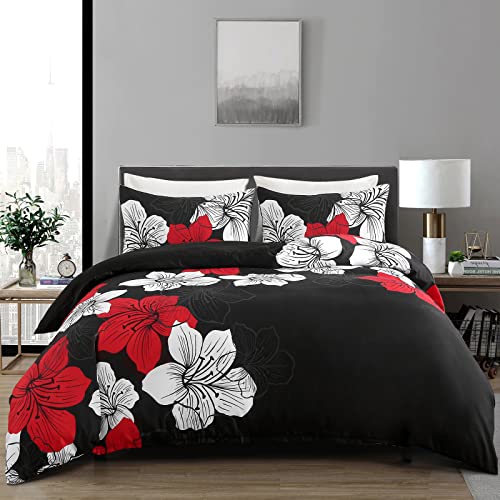 Menghomeus Black Comforter Set Full - Red and White Floral Comforter with 2 Pillowcases Modern Bedding Sets Lightweight Boho Bed Set for All Season (1 Comforter, 2 Pillowcases)