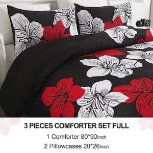 Menghomeus Black Comforter Set Full - Red and White Floral Comforter with 2 Pillowcases Modern Bedding Sets Lightweight Boho Bed Set for All Season (1 Comforter, 2 Pillowcases)