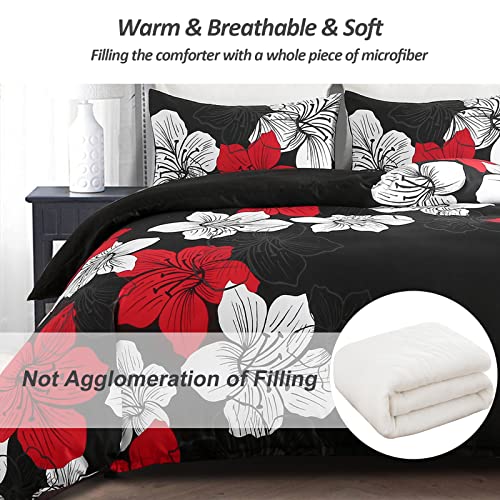 Menghomeus Black Comforter Set Full - Red and White Floral Comforter with 2 Pillowcases Modern Bedding Sets Lightweight Boho Bed Set for All Season (1 Comforter, 2 Pillowcases)