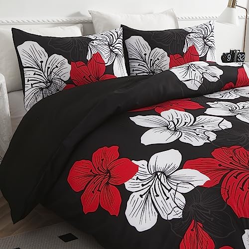 Menghomeus Black Comforter Set Full - Red and White Floral Comforter with 2 Pillowcases Modern Bedding Sets Lightweight Boho Bed Set for All Season (1 Comforter, 2 Pillowcases)